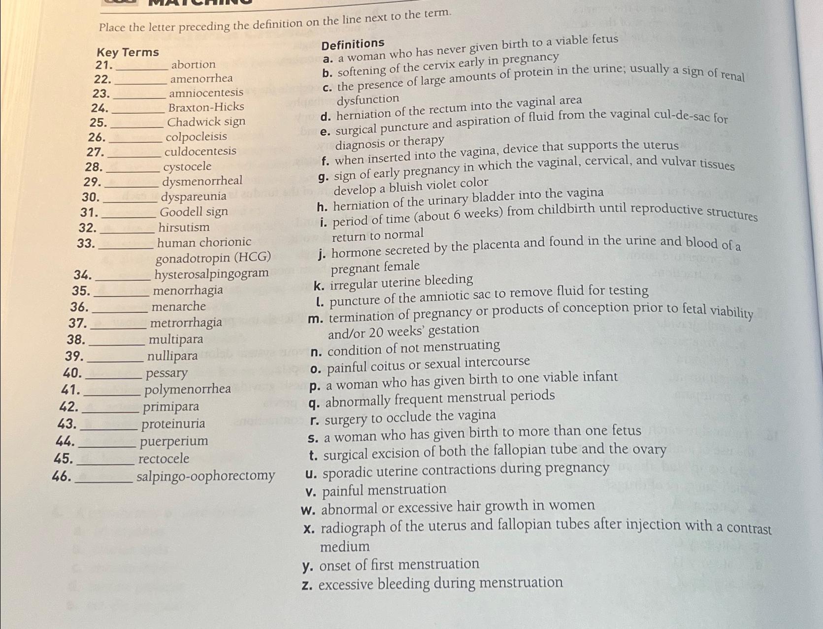 Solved Place the letter preceding the definition on the line | Chegg.com