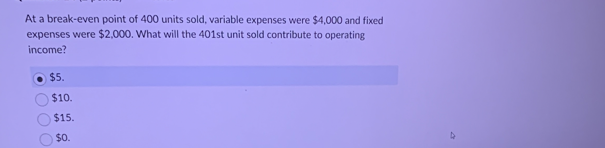Solved At a break-even point of 400 ﻿units sold, variable | Chegg.com