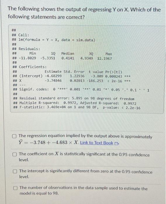 Solved The following shows the output of regressing Y on X. | Chegg.com
