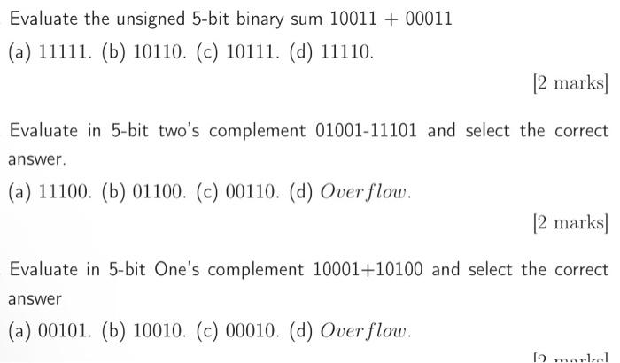 Solved Evaluate The Unsigned 5 Bit Binary Sum 10011 00011 