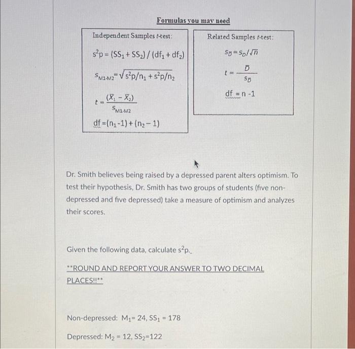 Solved Formulas you may need Independent Samples t-test: | Chegg.com
