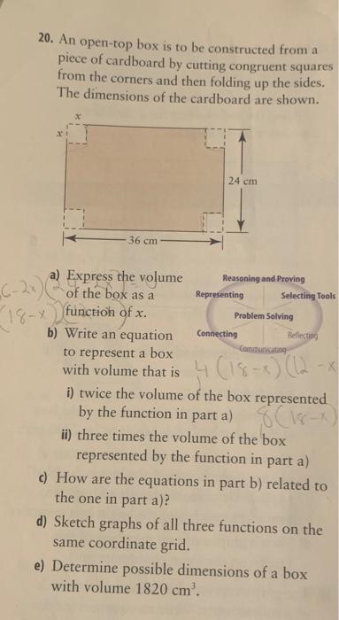 Solved 20. An open-top box is to be constructed from a piece | Chegg.com