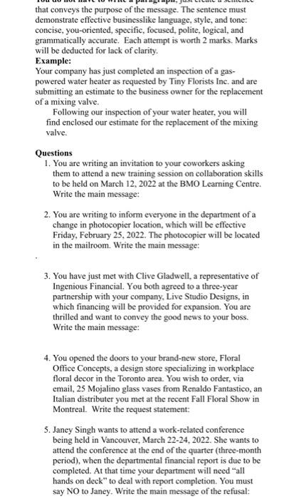 that conveys the purpose of the message. The sentence | Chegg.com