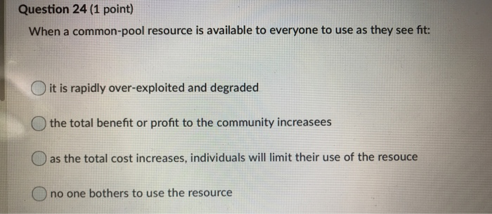 Solved Question 24 (1 point) When a common-pool resource is | Chegg.com