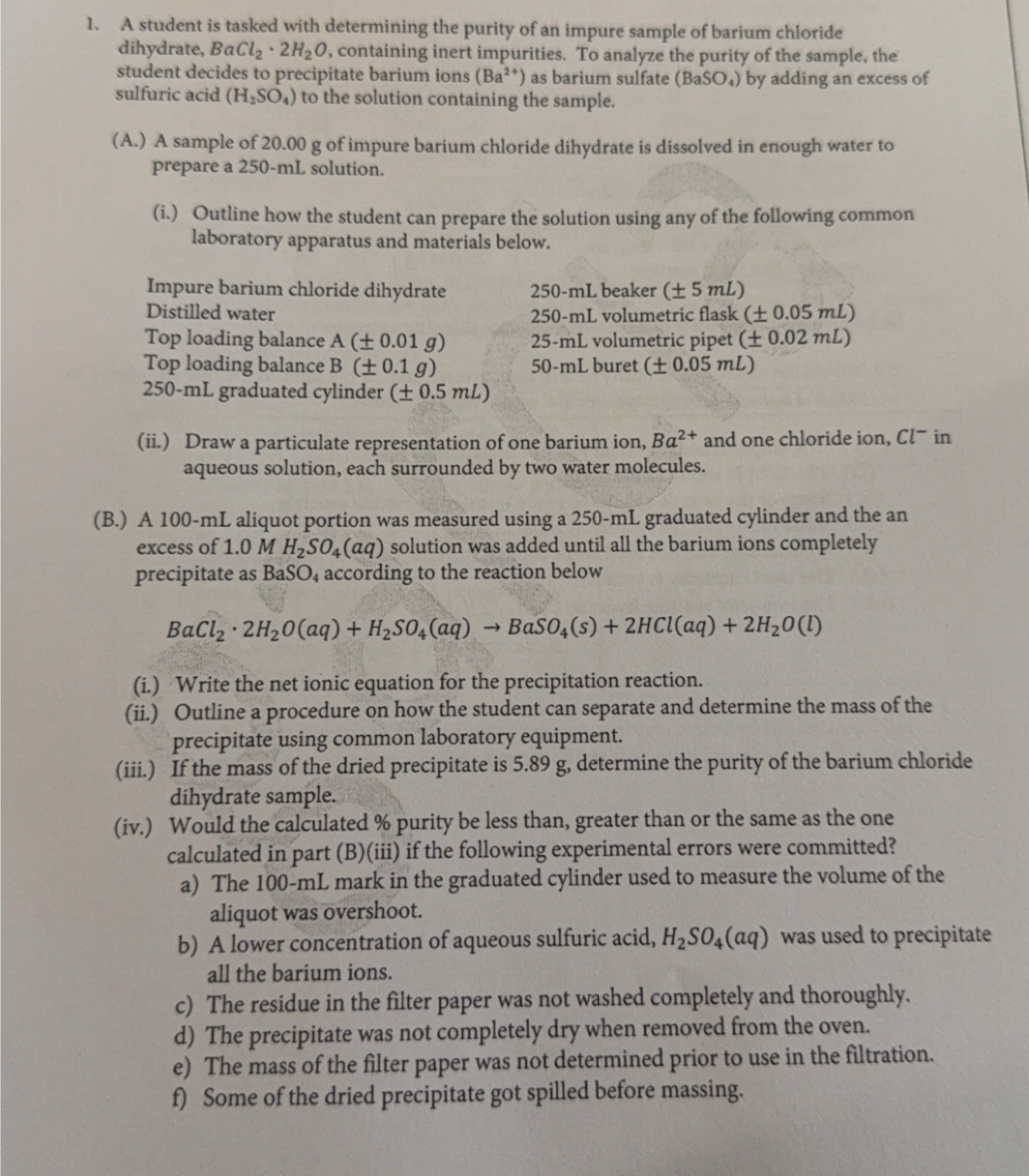 Solved A student is ﻿tasked with determining the purity | Chegg.com