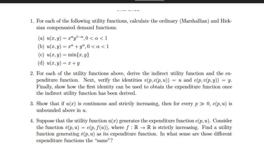 Solved 1. For each of the following utility functions, | Chegg.com