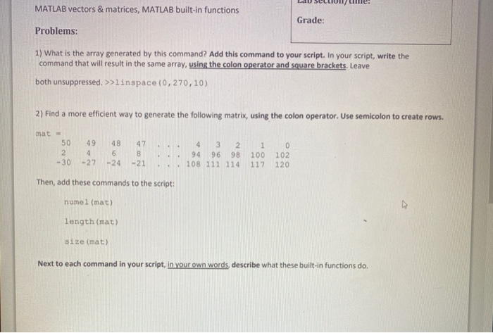 Solved MATLAB vectors & matrices, MATLAB built-in functions | Chegg.com