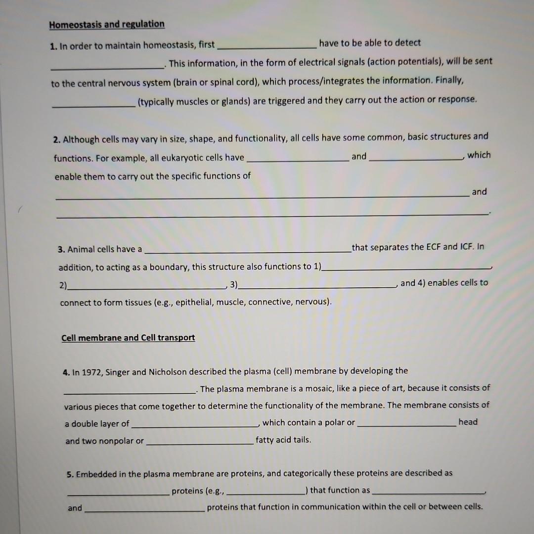 Solved Homeostasis and regulation 1. In order to maintain | Chegg.com