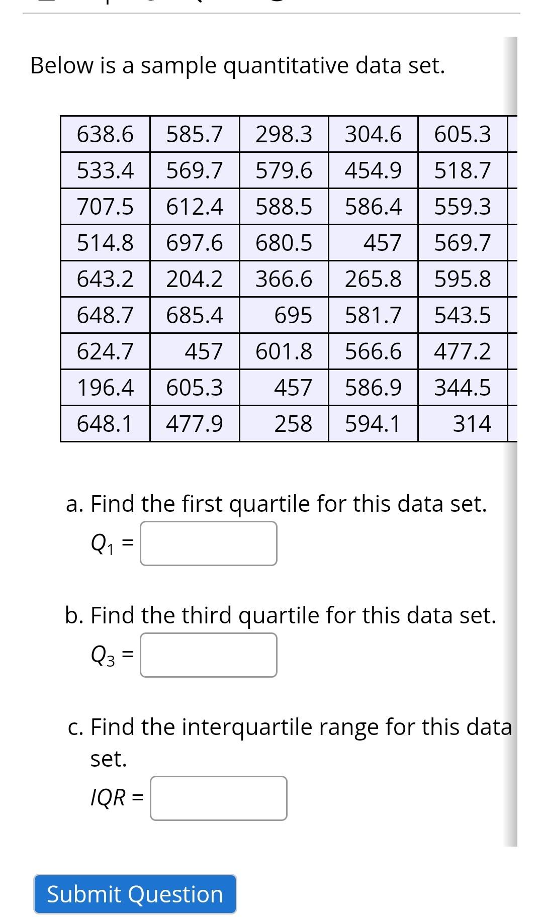 Solved Below is a sample quantitative data set. a. Find the | Chegg.com