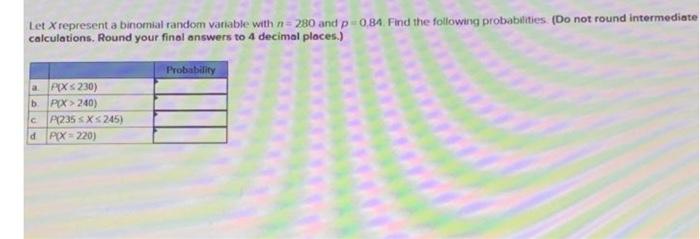 Solved Let X represent a binomial random variable with n=280 | Chegg.com
