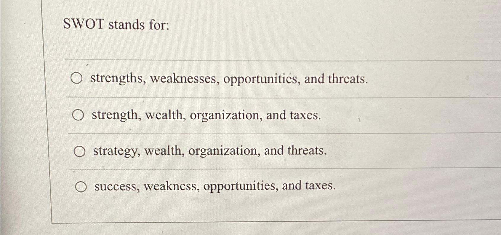 Solved SWOT stands for:strengths, weaknesses, opportunities, | Chegg.com