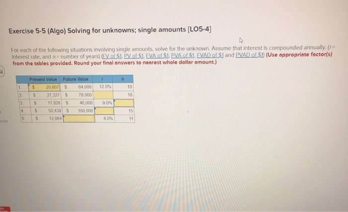Solved Exercise 5-5 (Algo) Solving for unknowns; single | Chegg.com Solved Exercise 5-5 (Algo) Solving for unknowns; single | Chegg.com