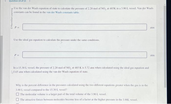 Solved Macmillan Learning Use the van der Waals equation of | Chegg.com