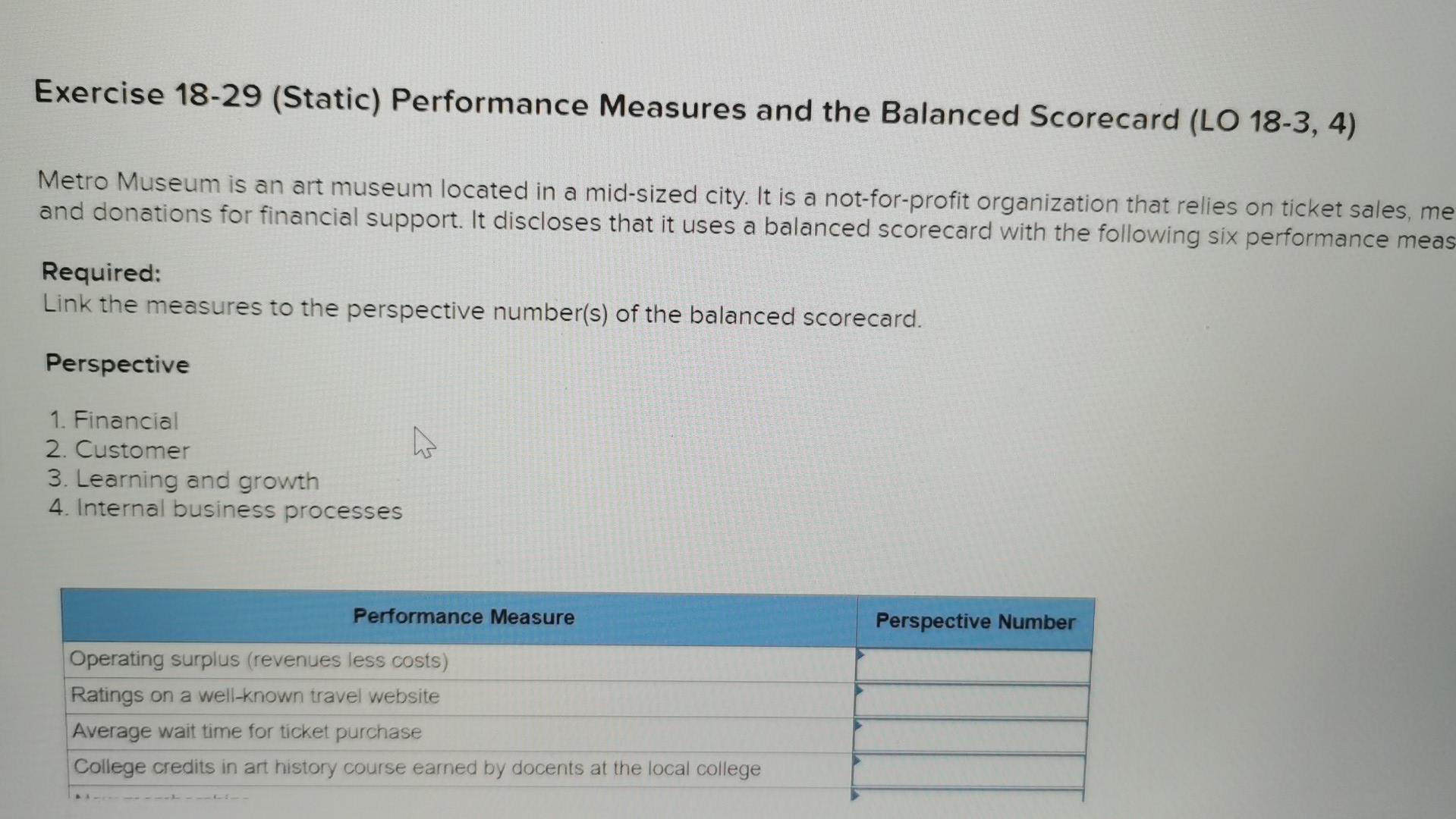 Exercise 18-29 (Static) Performance Measures and the | Chegg.com