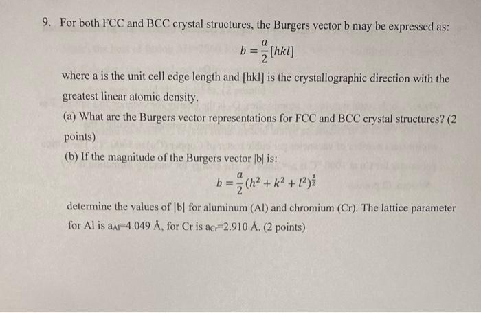 Solved For both FCC and BCC crystal structures, the Burgers | Chegg.com