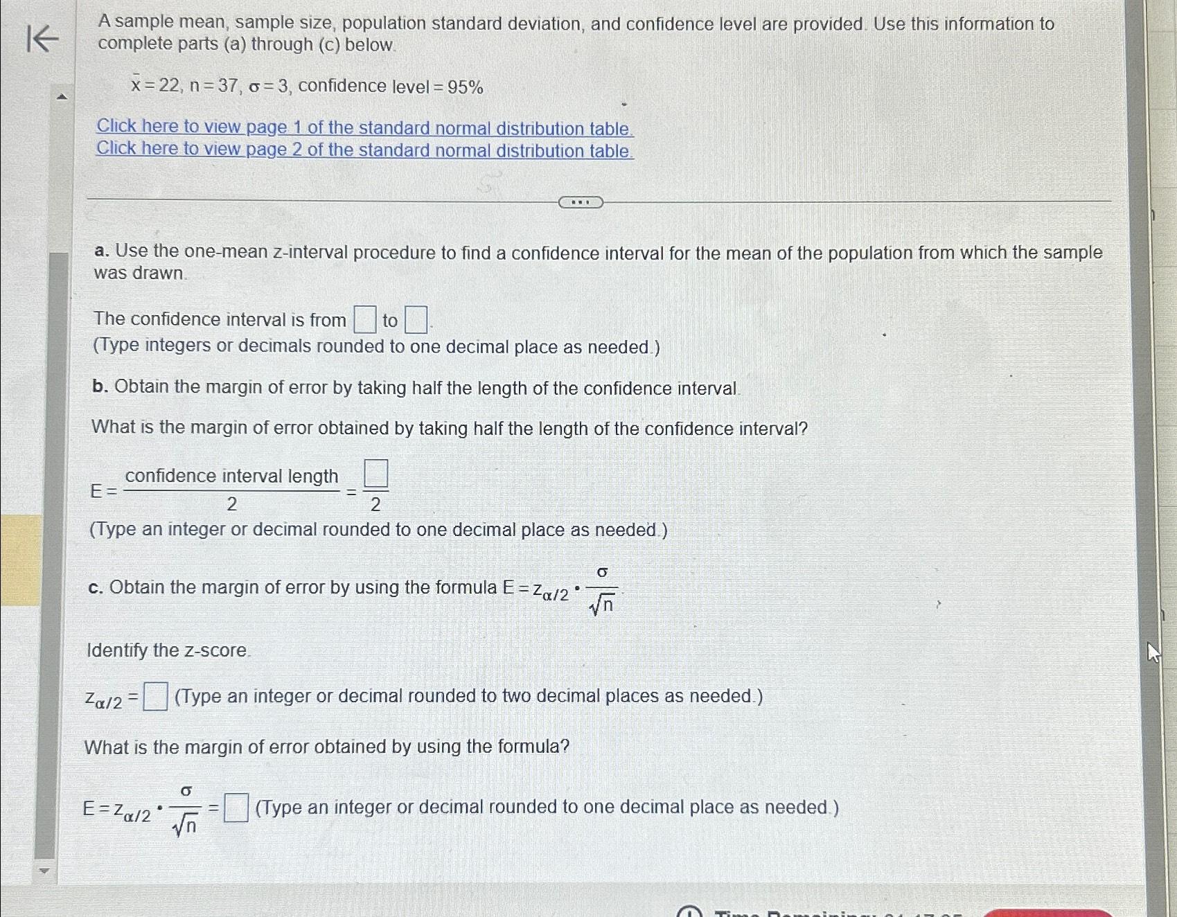 Solved κA sample mean, sample size, population standard | Chegg.com