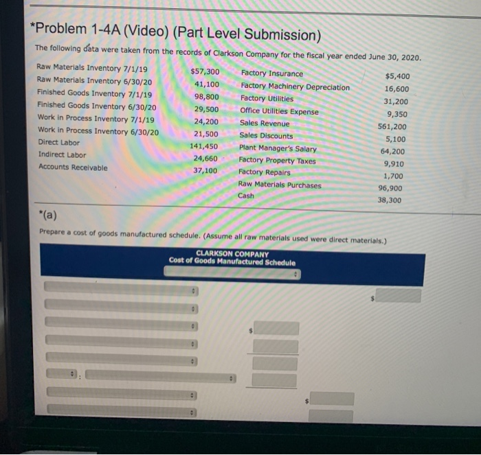 Solved *Problem 1-4A (Video) (Part Level Submission) The | Chegg.com