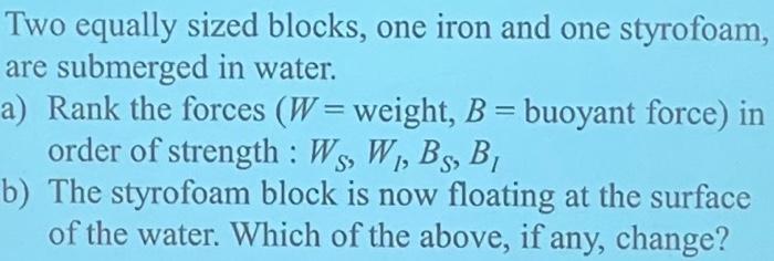 Solved Two equally sized blocks, one iron and one styrofoam, | Chegg.com