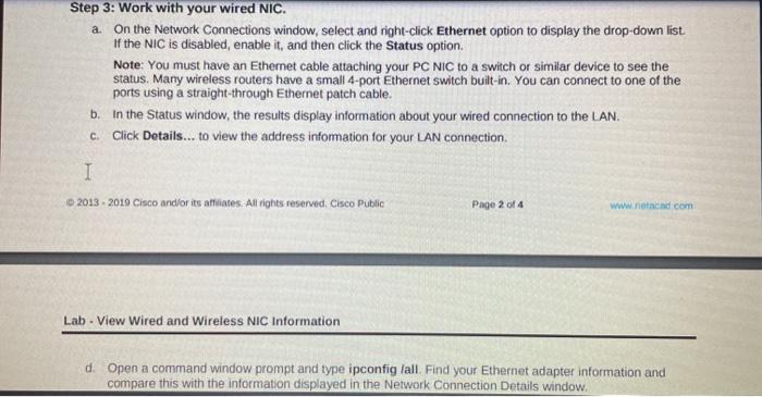Solved Objectives Part 1: Identify and Work with PC NICS | Chegg.com