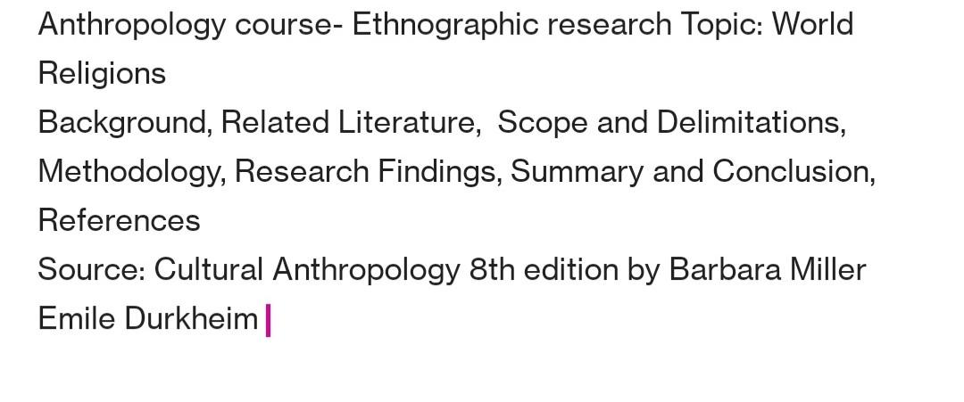 Solved Anthropology course- Ethnographic research Topic: | Chegg.com