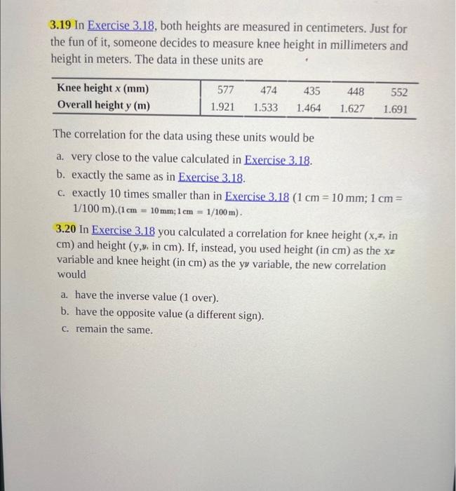 Solved 3.19 In Exercise 3.18, both heights are measured in | Chegg.com
