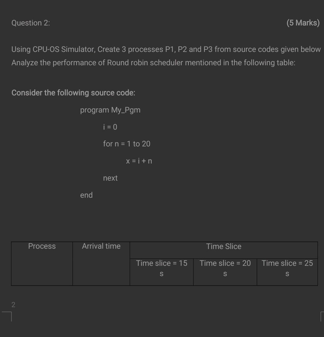 Solved Question 2: (5 Marks) Using CPU-OS Simulator, Create | Chegg.com
