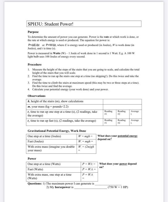 Solved SPH3U: Student Power! Purpose To determine the amount | Chegg.com