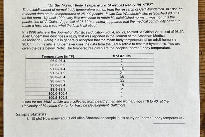 Solved "Is the Normal Body Temperature (Average) Really | Chegg.com