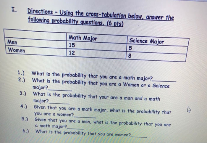 Solved I. Directions - Using the cross-tabulation below, | Chegg.com