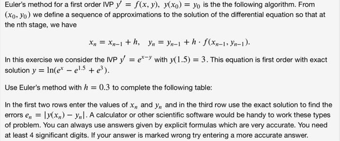 Solved Euler's method for a first order IVP y = f(x, y), | Chegg.com