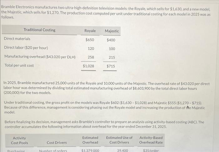 Solved Bramble Electronics manufactures two | Chegg.com