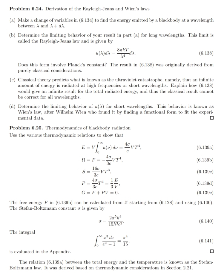 Solved Problem 6.24. ﻿Derivation of the Rayleigh-Jeans and | Chegg.com