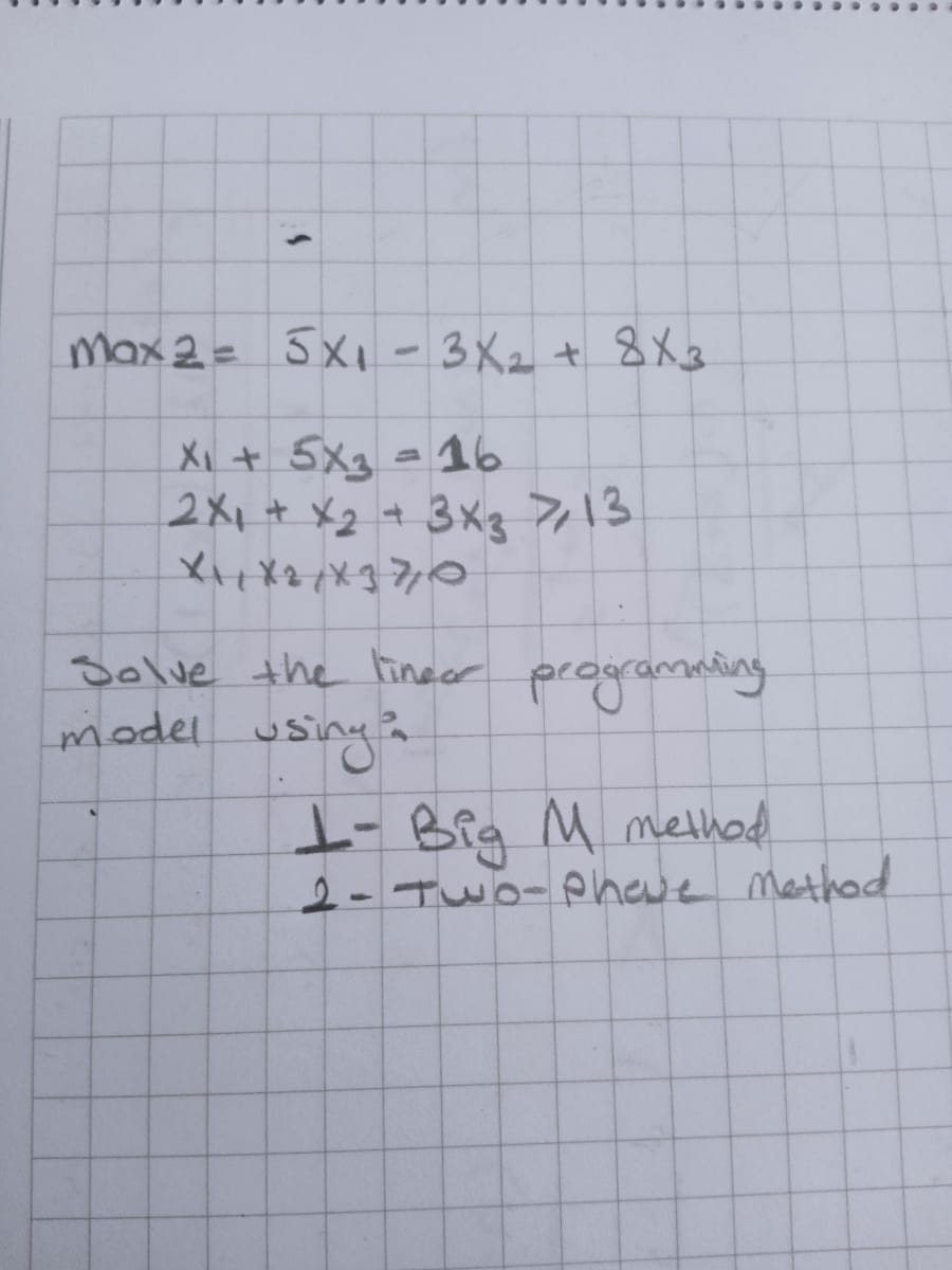 Solved maxz=5x1-3x2+8x3x1+5x3=162x1+x2+3x3≥13x1,x2,x3≥0Solve | Chegg.com