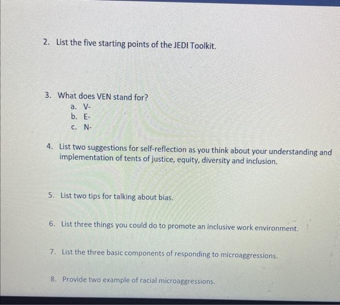Solved 2. List the five starting points of the JEDI Toolkit. | Chegg.com