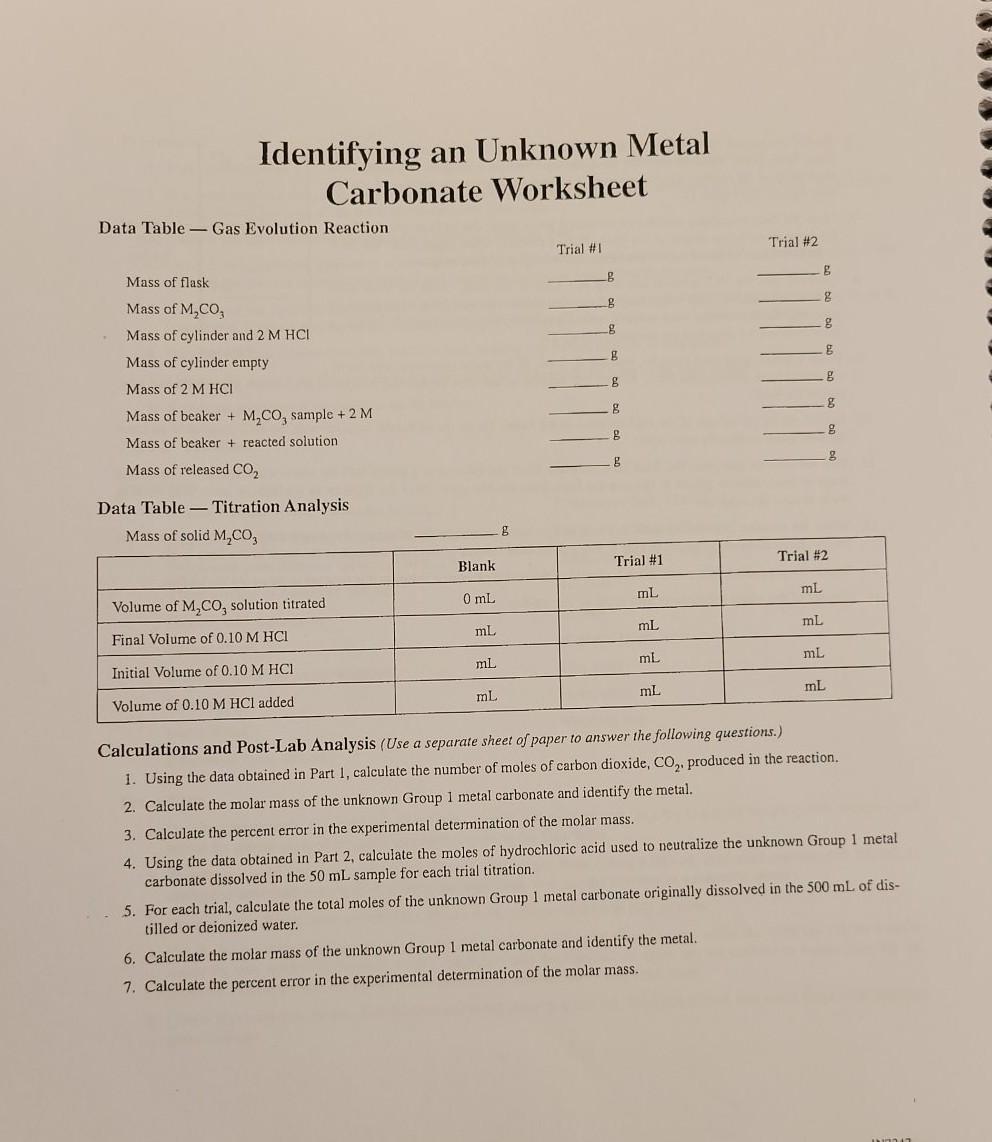 Identifying an Unknown Metal Carbonate Worksheet Data | Chegg.com