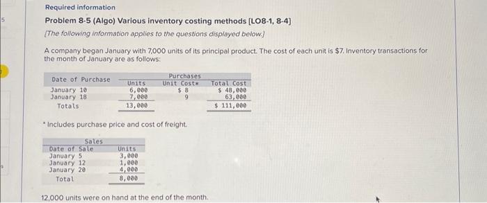 Solved Required information Problem 8-5 (Algo) Various | Chegg.com