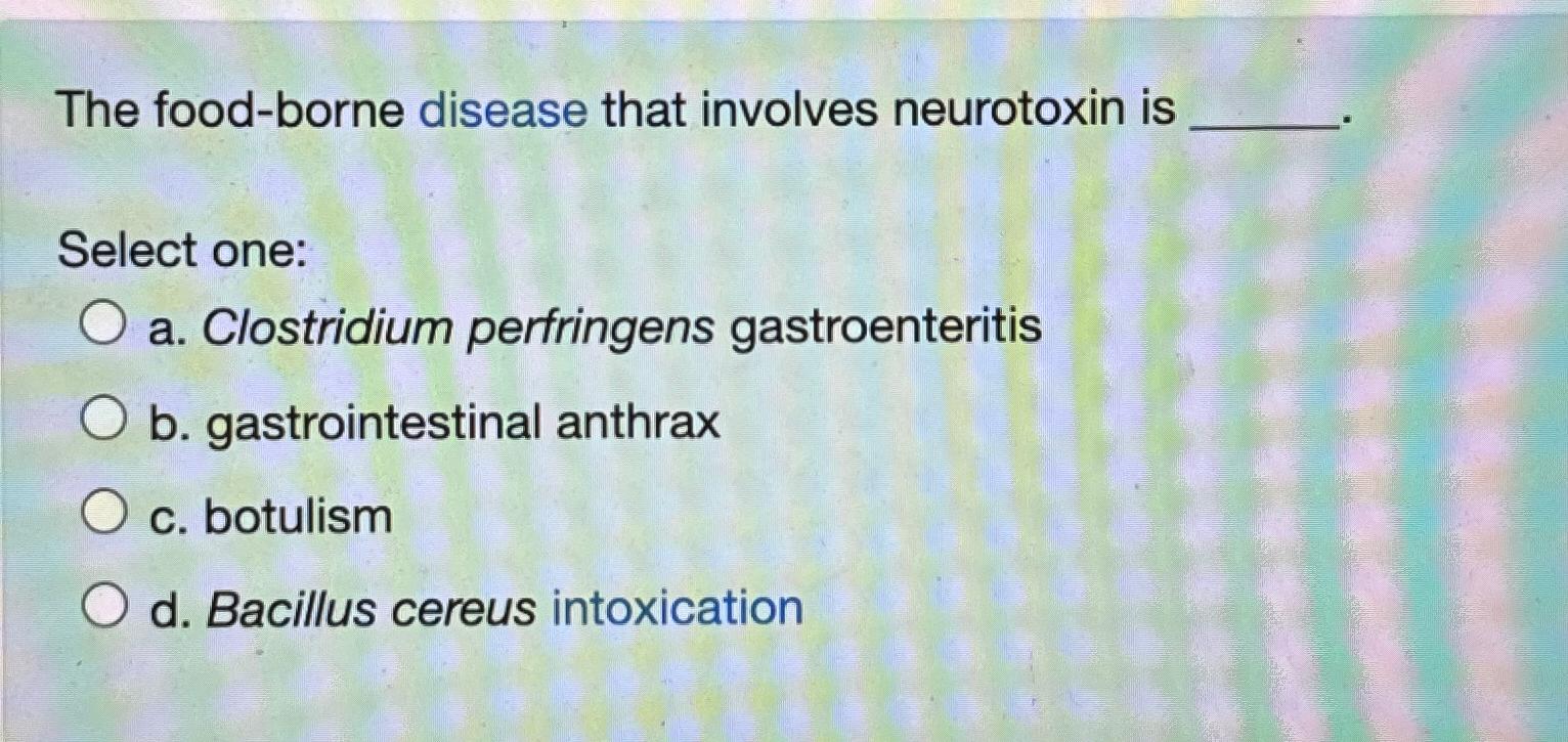 Solved The food-borne disease that involves neurotoxin | Chegg.com