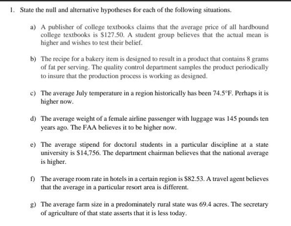 Solved 1. State the null and alternative hypotheses for each | Chegg.com