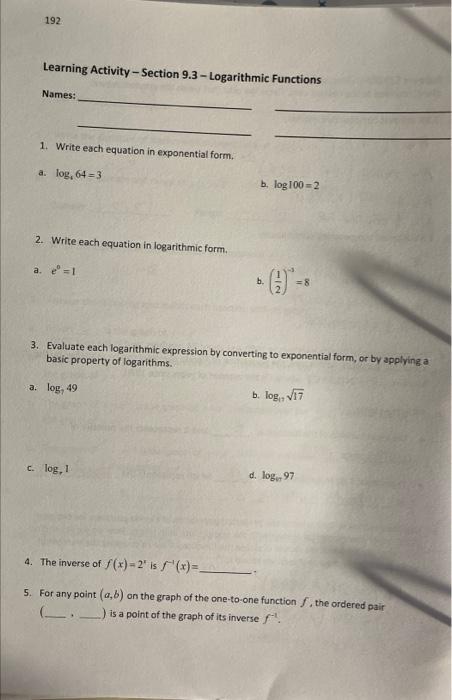 Solved 1 Write Each Equation In Exponential Form A