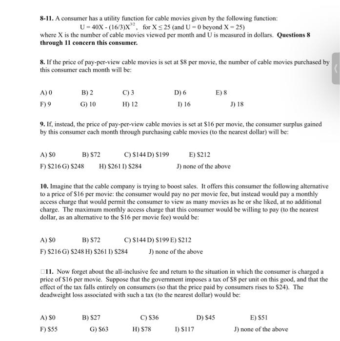 Solved 8-11. A consumer has a utility function for cable | Chegg.com