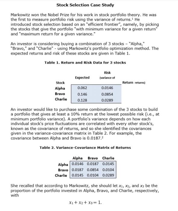 Stock Selection Case Study Markowitz won the Nobel | Chegg.com