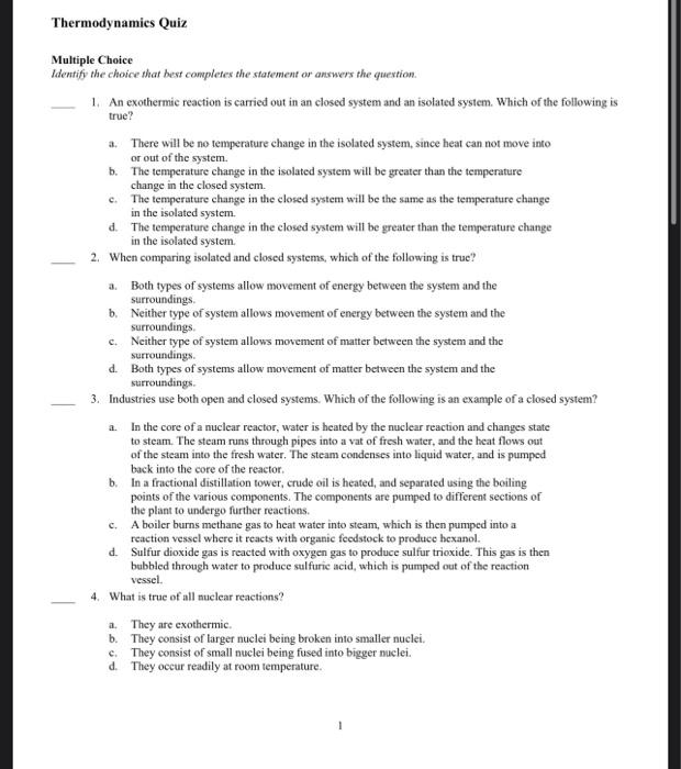 Solved Thermodynamics Quiz a. Multiple Choice Identify the | Chegg.com