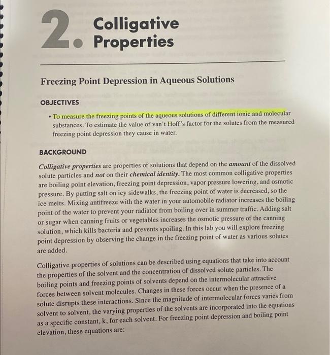 Colligative Properties Freezing Point Depression in | Chegg.com
