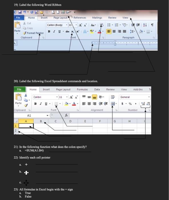 Solved 20) Label the following Excel Spreadsheet commands | Chegg.com