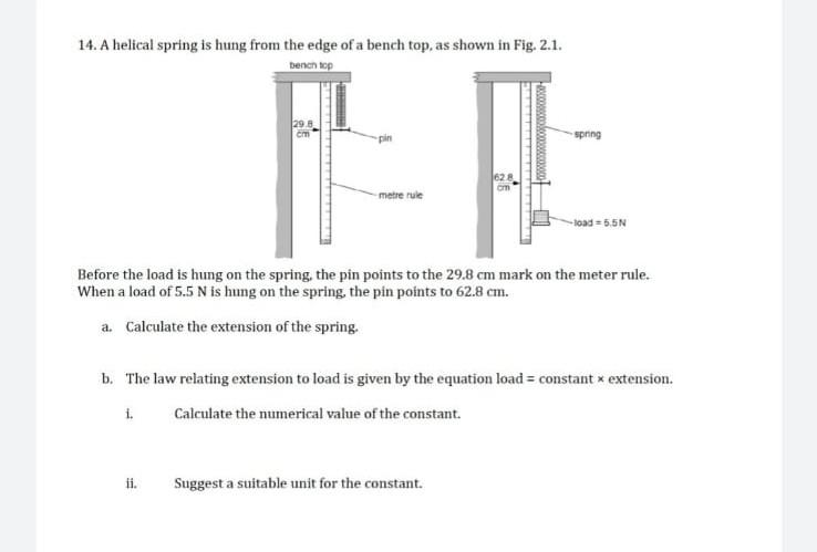 Solved 14. A helical spring is hung from the edge of a bench | Chegg.com