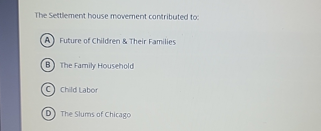 Solved The Settlement house movement contributed to:Future | Chegg.com