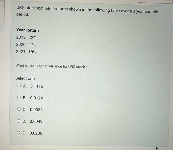 Solved URG stock exhibited returns shown in the following | Chegg.com