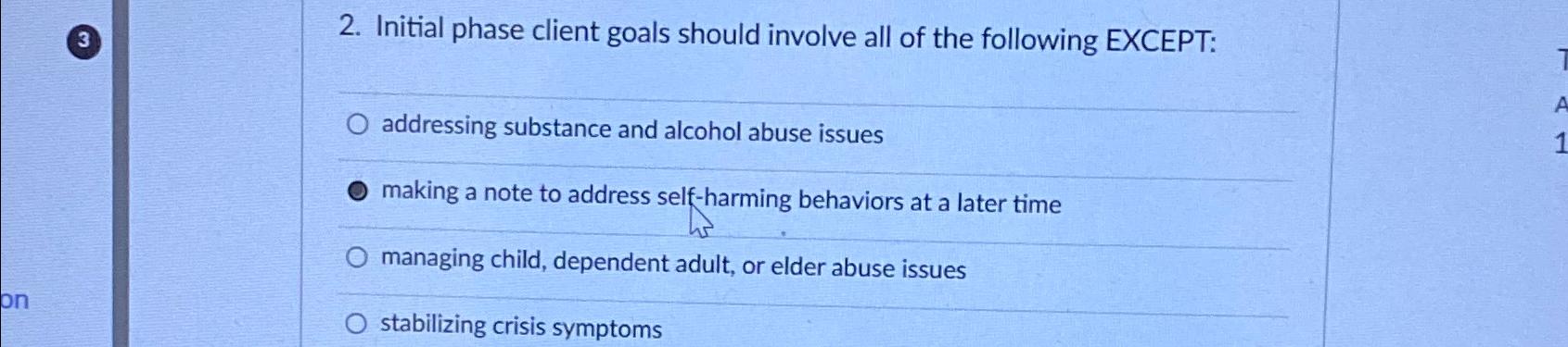 Solved Initial phase client goals should involve all of the | Chegg.com
