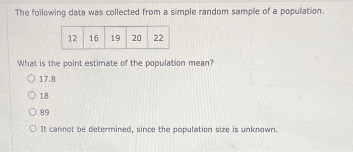 Solved The following data was collected from a simple random | Chegg.com
