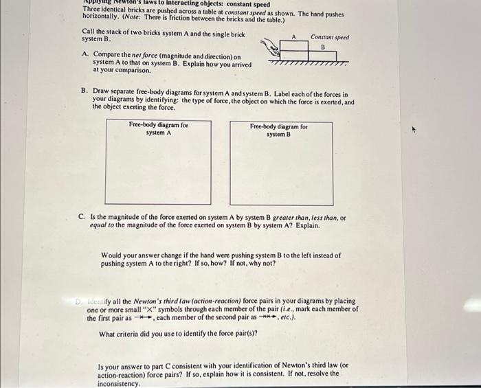 Solved Three identical bricks are pushed across a table at | Chegg.com